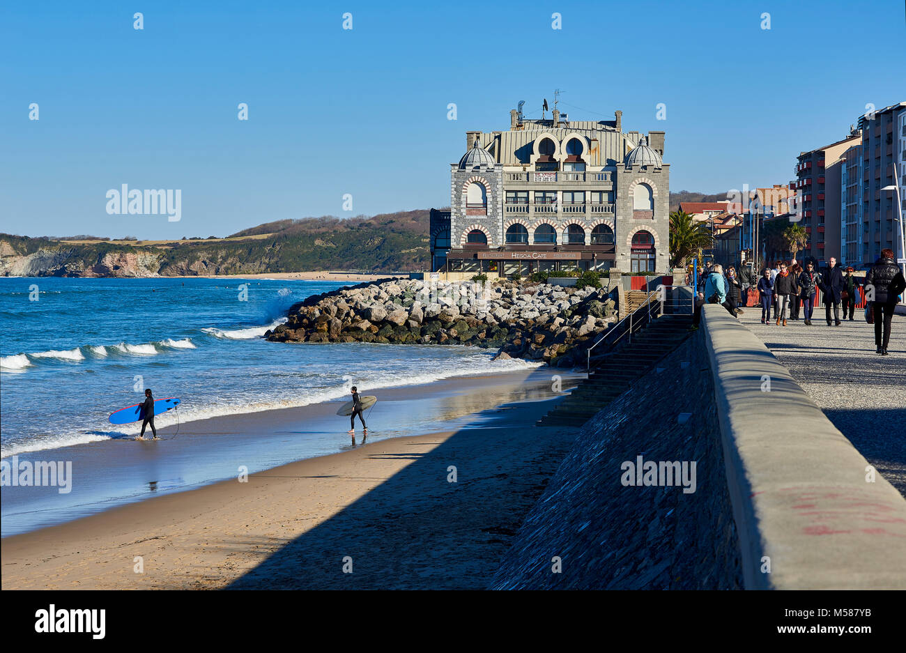 Hendaye, France - January 28, 2018. People walking in Boulevard de la ...
