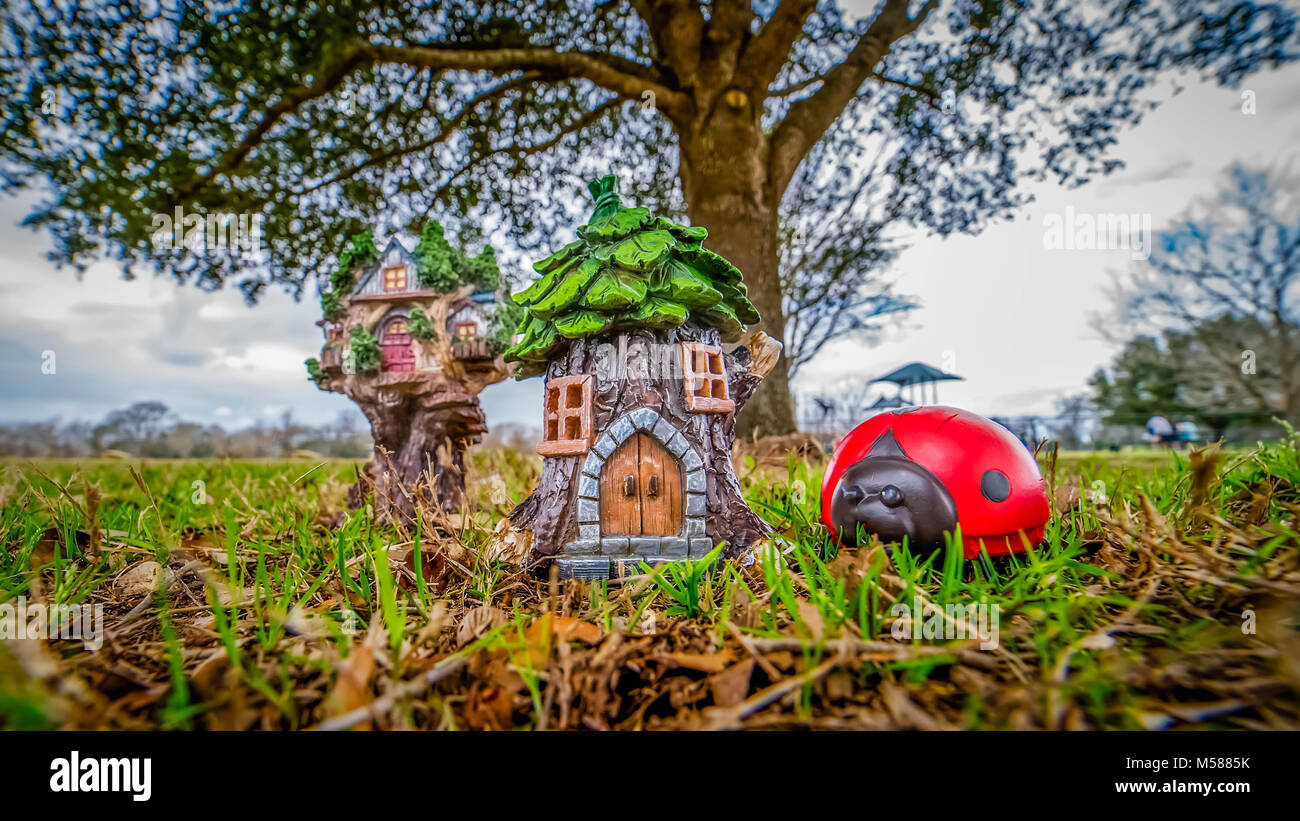 Giant ladybug walks past woodland creature's house Stock Photo - Alamy