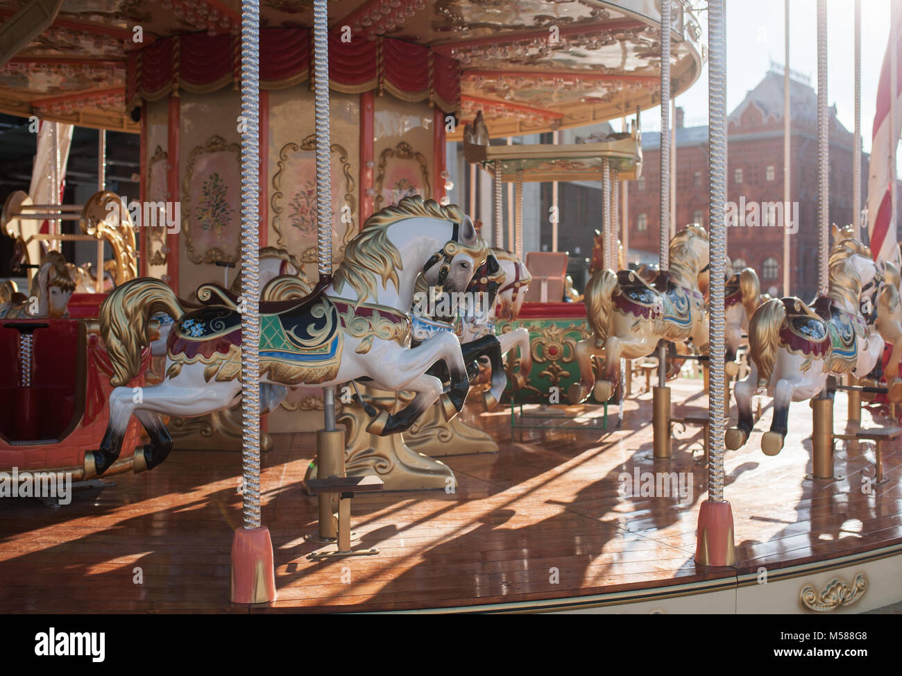 Carousel. Horses on a carnival Merry Go Round Stock Photo - Alamy