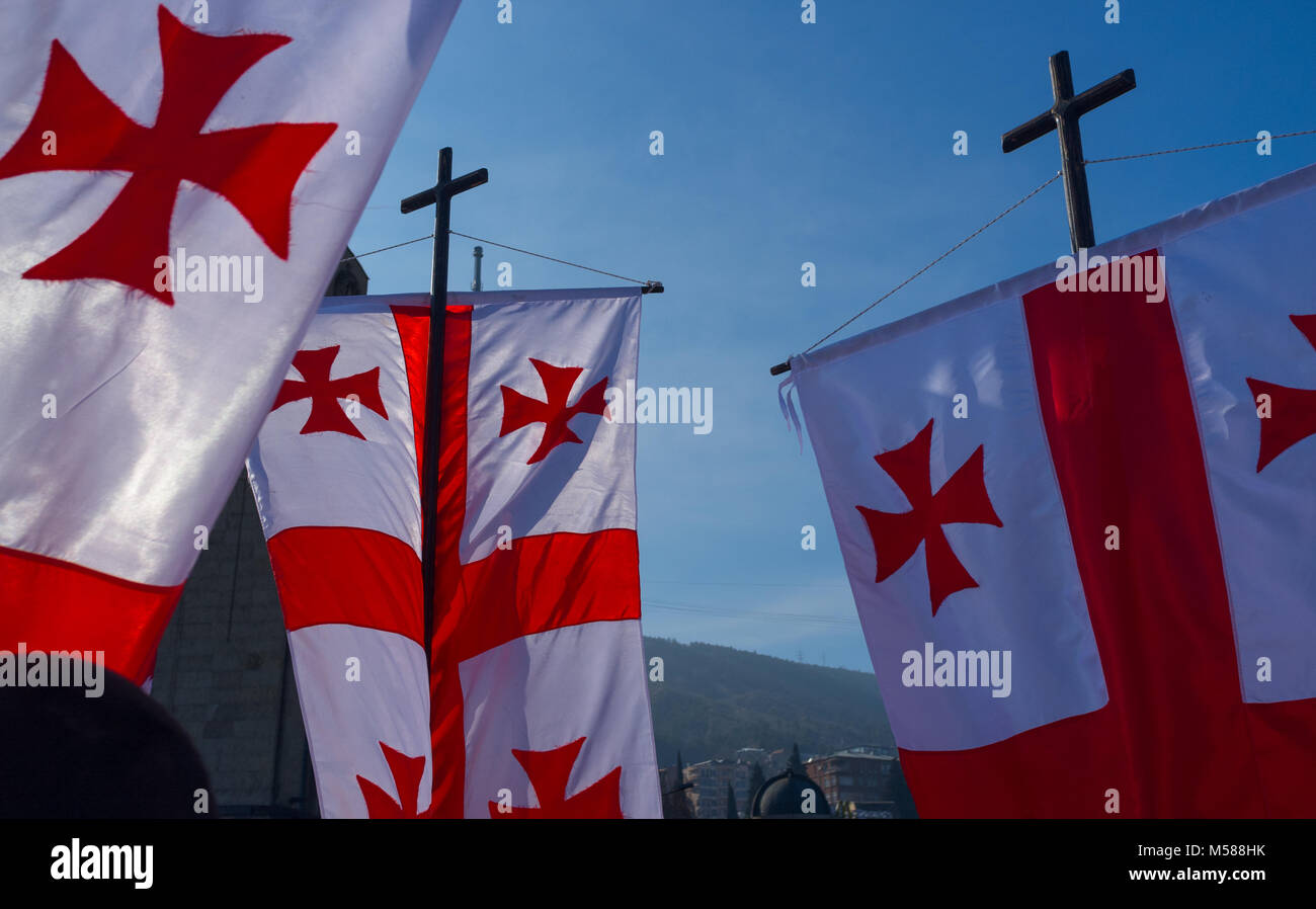 National flags of Georgia during the festive procession Alilo in ...