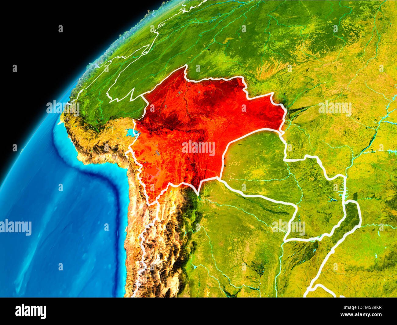 Orbit view of Bolivia highlighted in red with visible borderlines on planet Earth. 3D ...