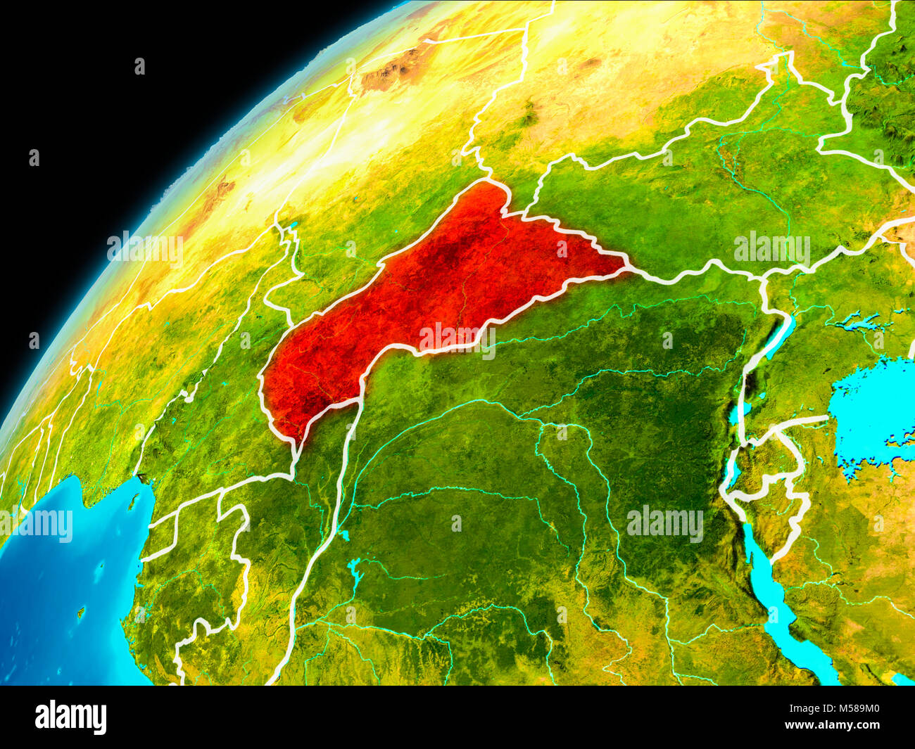 Orbit view of Central Africa highlighted in red with visible borderlines on planet Earth. 3D ...