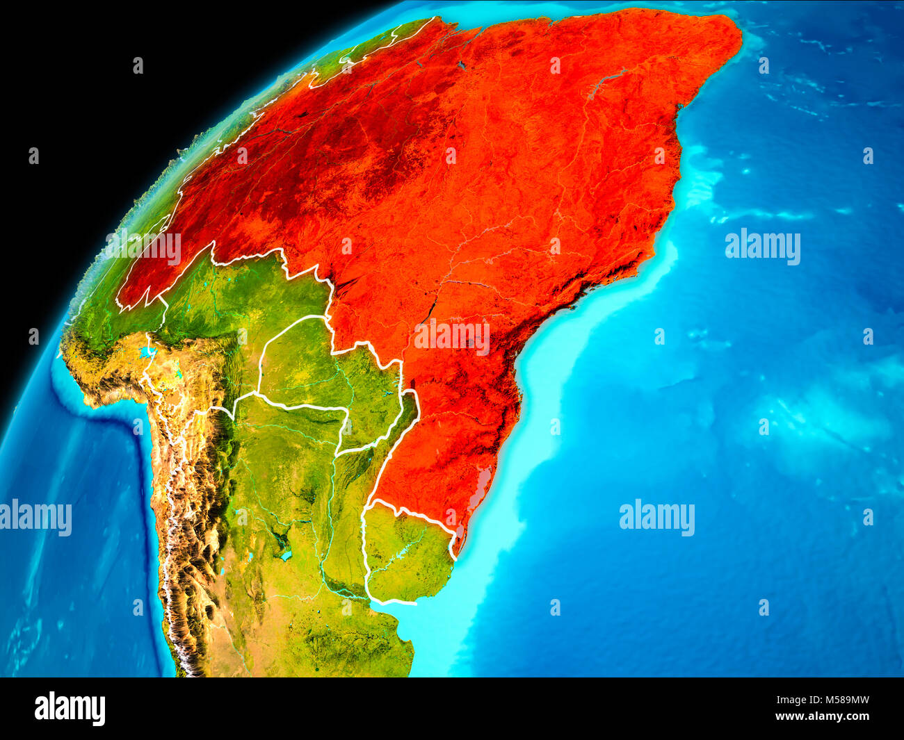 Orbit view of Brazil highlighted in red with visible borderlines on planet Earth. 3D ...