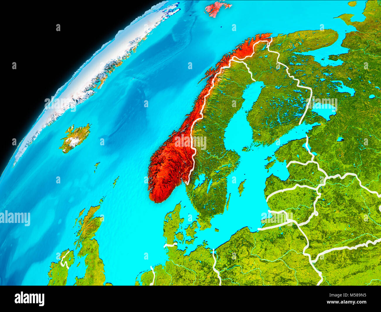 Orbit view of Norway highlighted in red with visible borderlines on planet Earth. 3D ...
