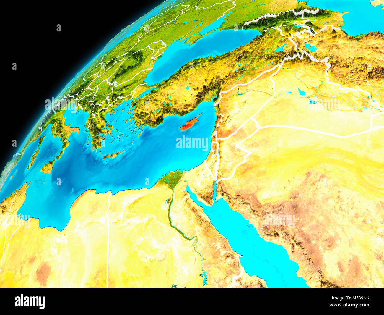 Orbit view of Cyprus highlighted in red with visible borderlines on planet Earth. 3D ...