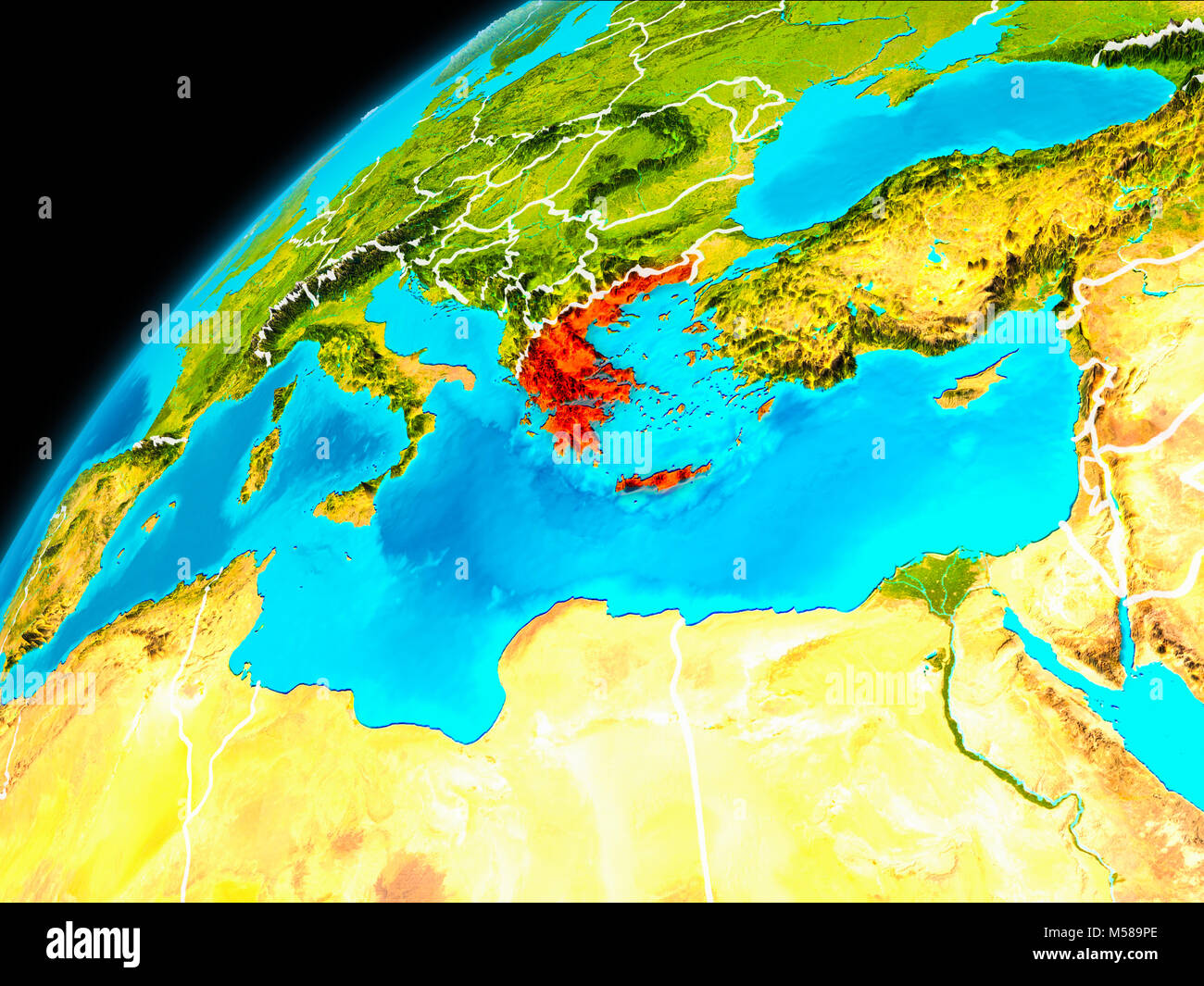 Orbit view of Greece highlighted in red with visible borderlines on ...