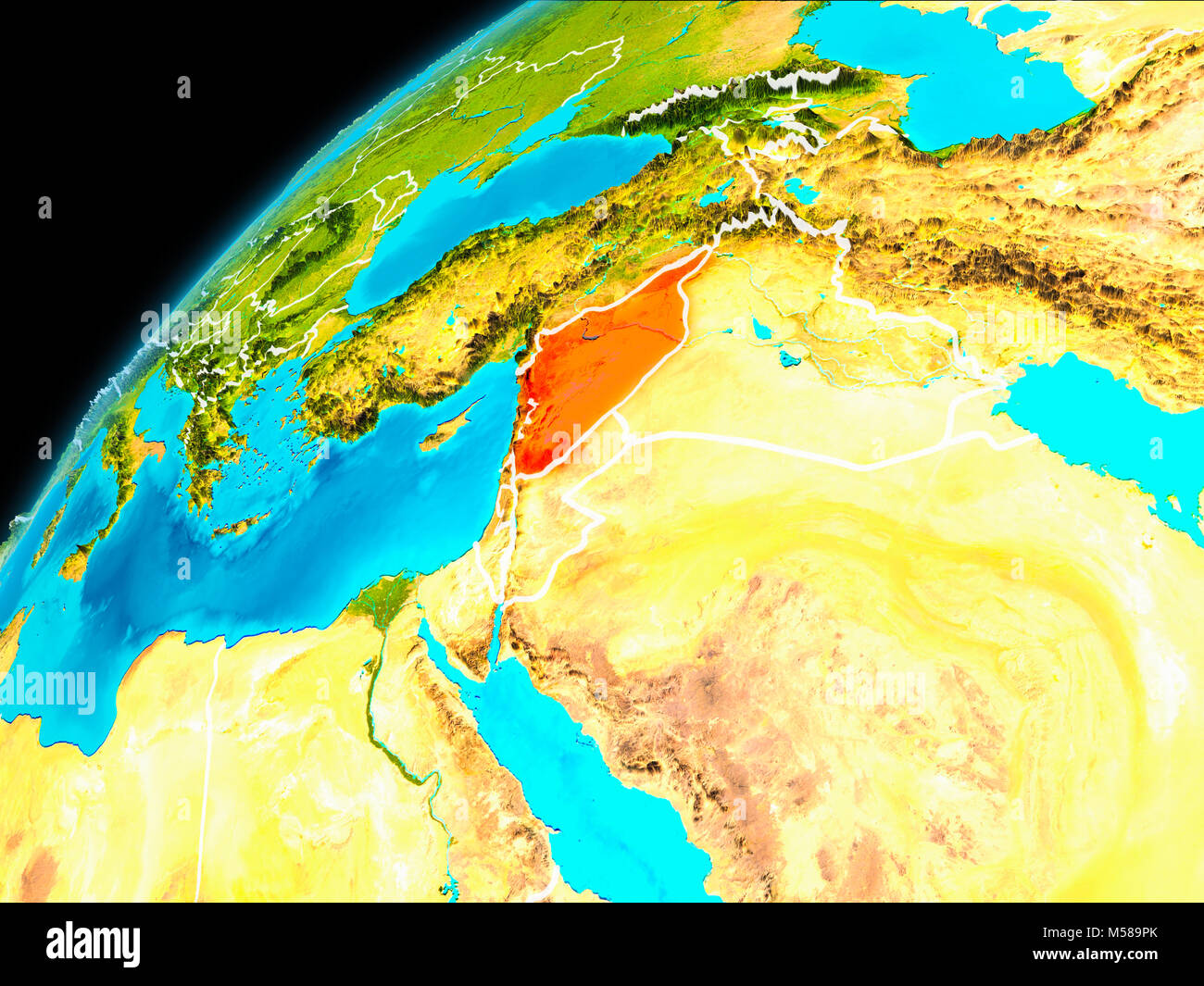Orbit view of Syria highlighted in red with visible borderlines on planet Earth. 3D illustration ...