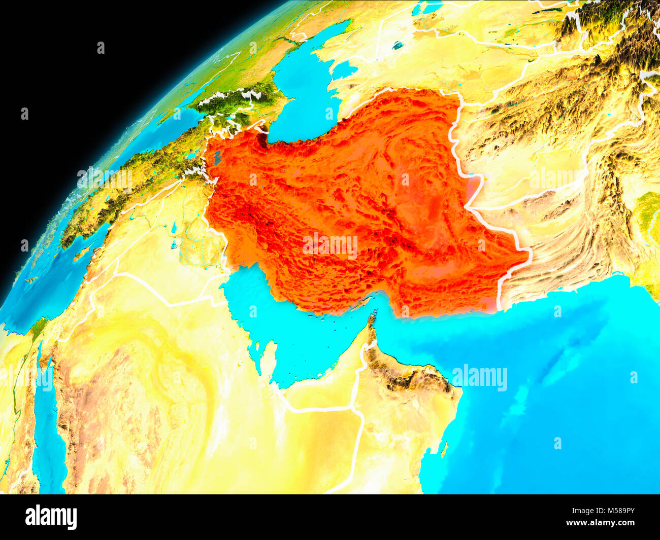 Orbit view of Iran highlighted in red with visible borderlines on planet Earth. 3D illustration ...