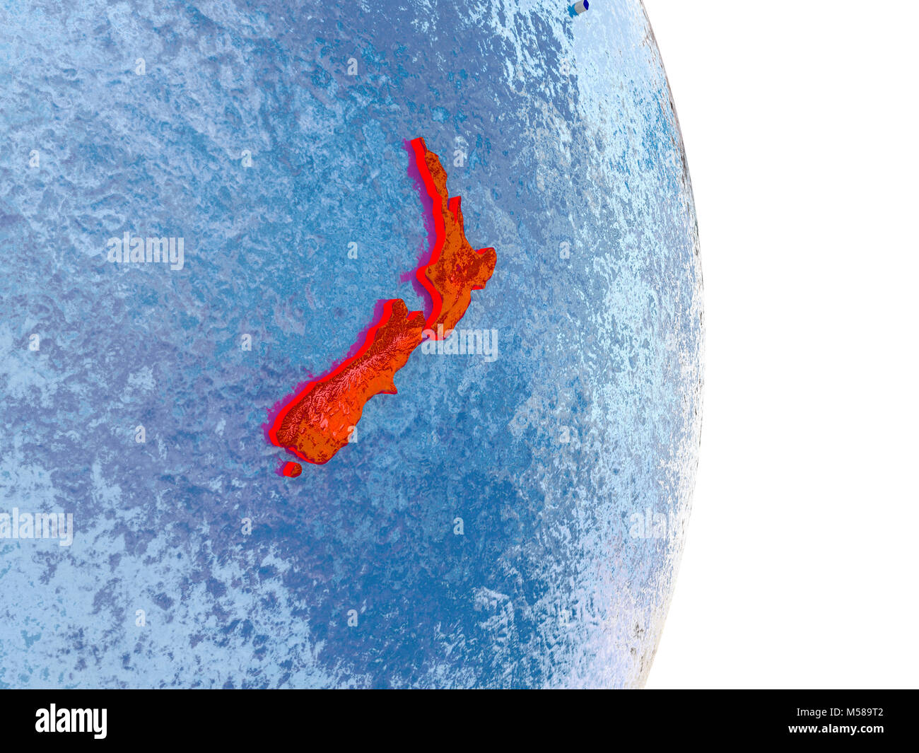 New Zealand in red on model of globe with embossed countries and ...