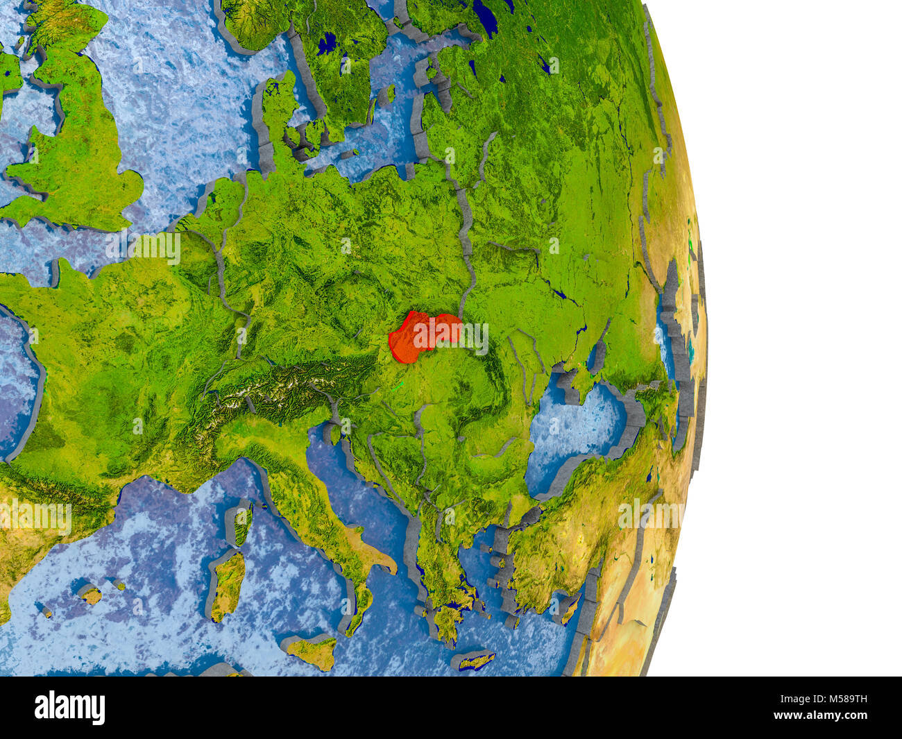 Slovakia in red on model of globe with embossed countries and realistic ...