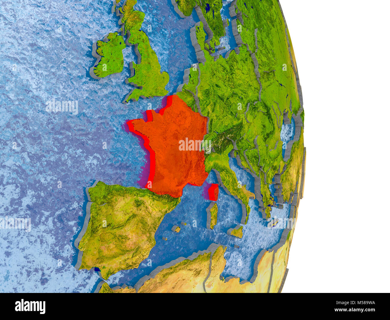 France in red on model of globe with embossed countries and realistic ...