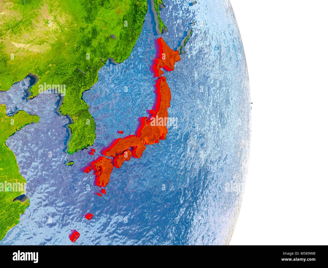 Japan in red on model of globe with embossed countries and realistic ...
