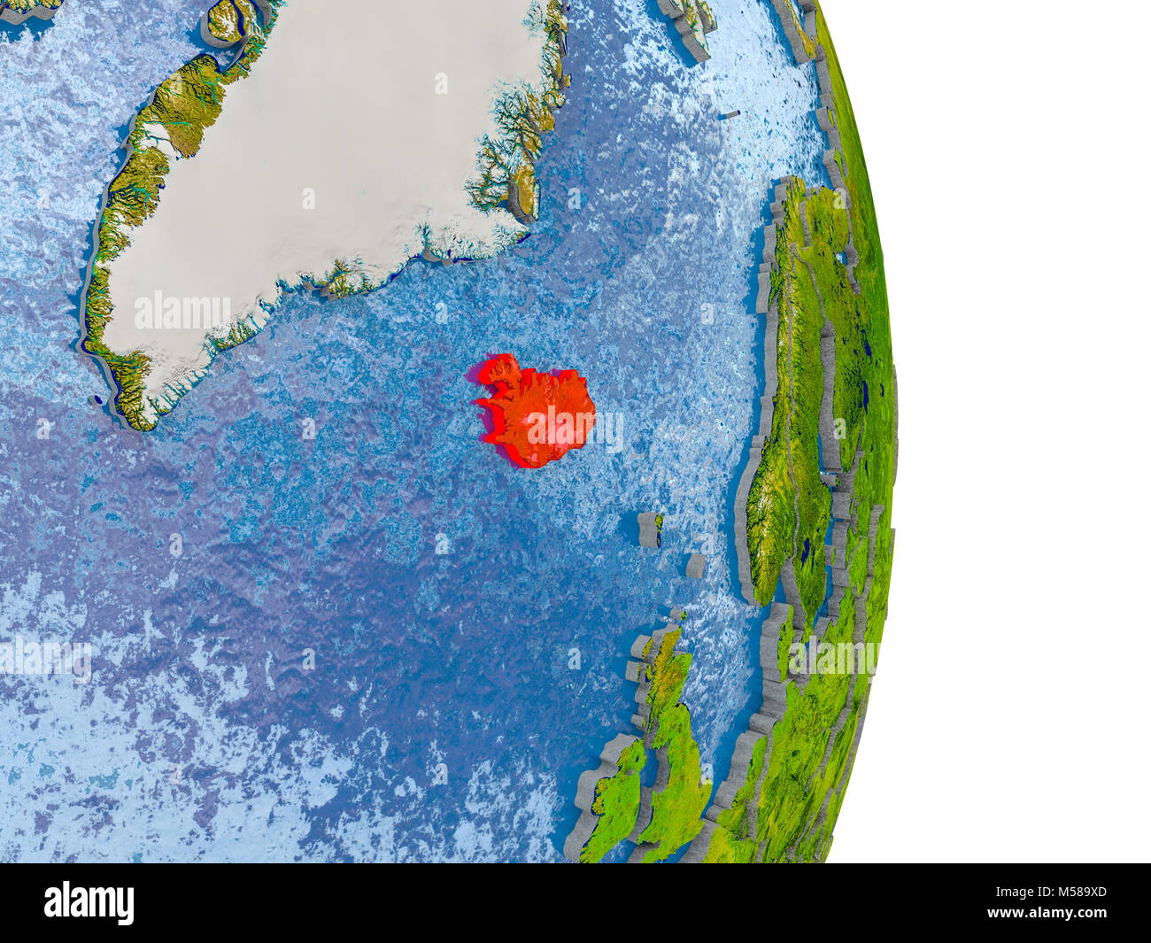 Iceland in red on model of globe with embossed countries and realistic ...