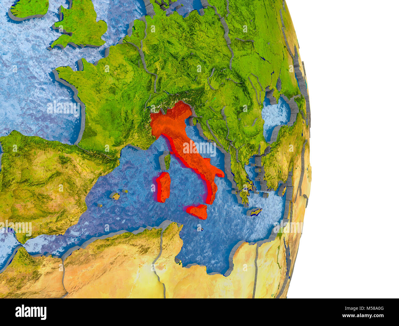 Italy in red on model of globe with embossed countries and realistic ...