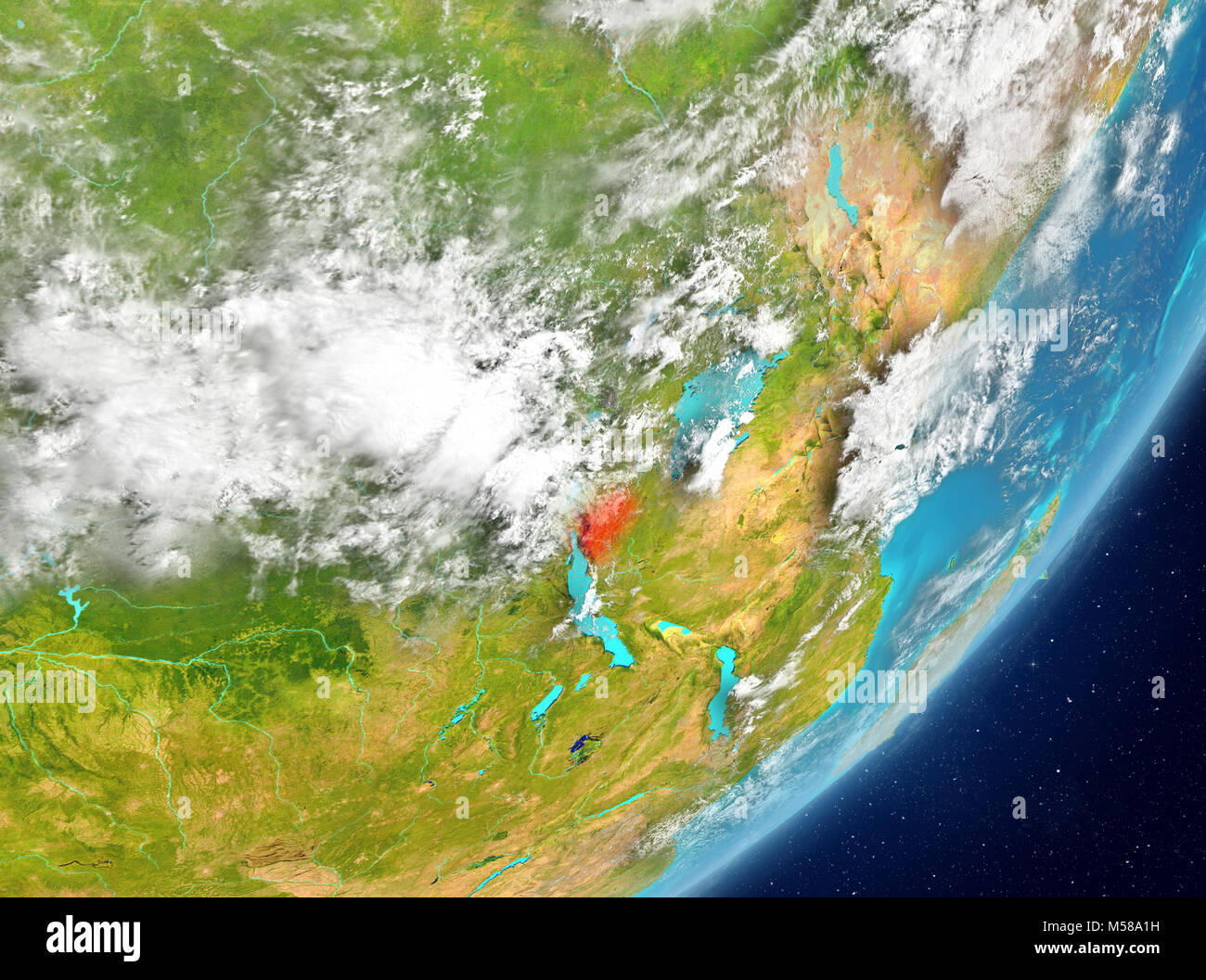 Satellite view of Burundi highlighted in red on planet Earth with clouds. 3D illustration ...