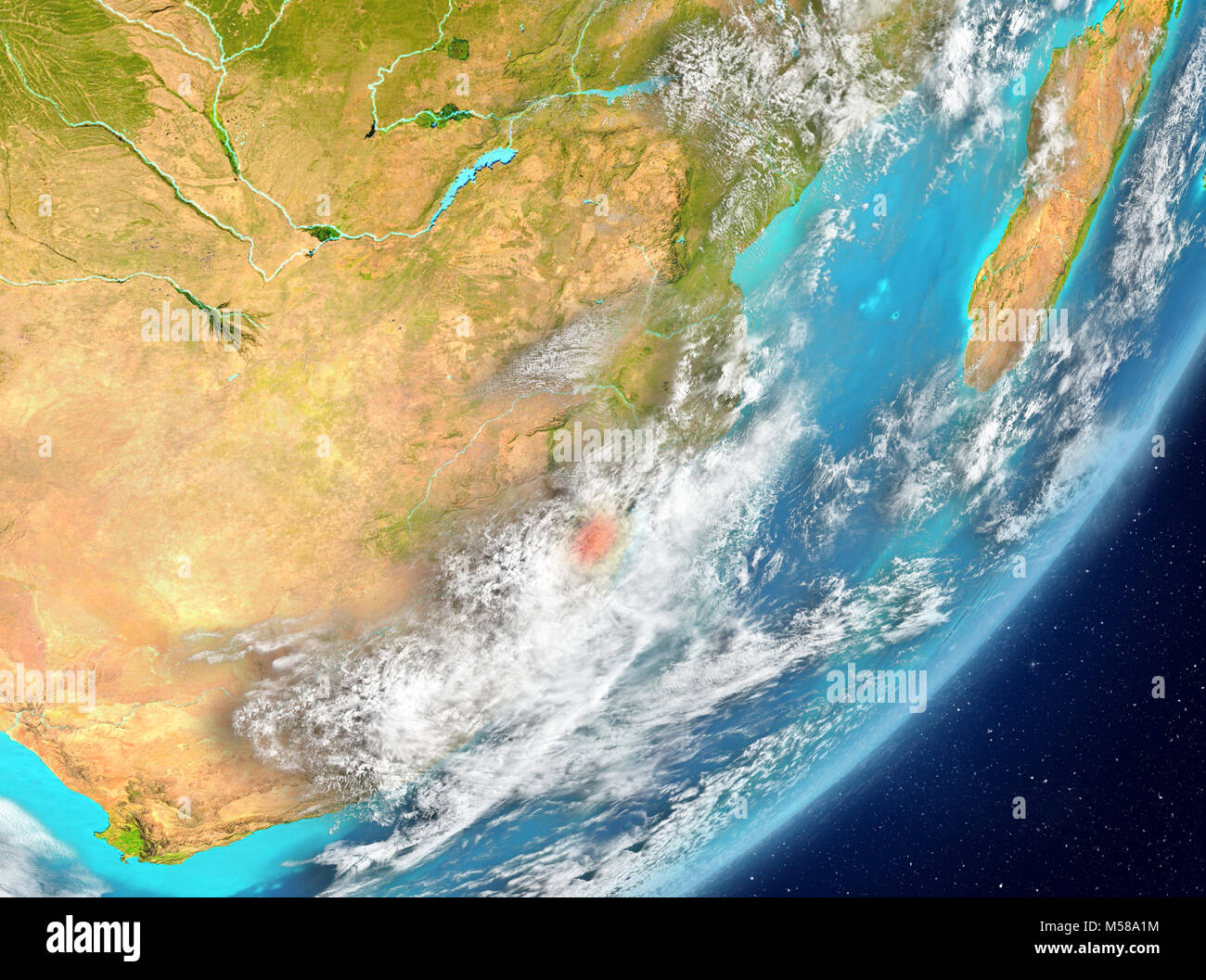 Satellite view of Swaziland highlighted in red on planet Earth with clouds. 3D illustration ...