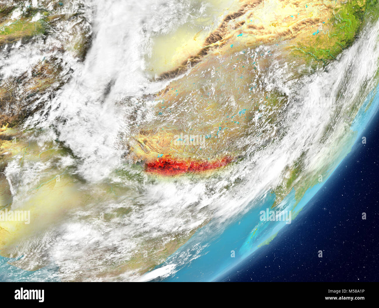 Satellite view of Nepal highlighted in red on planet Earth with clouds ...