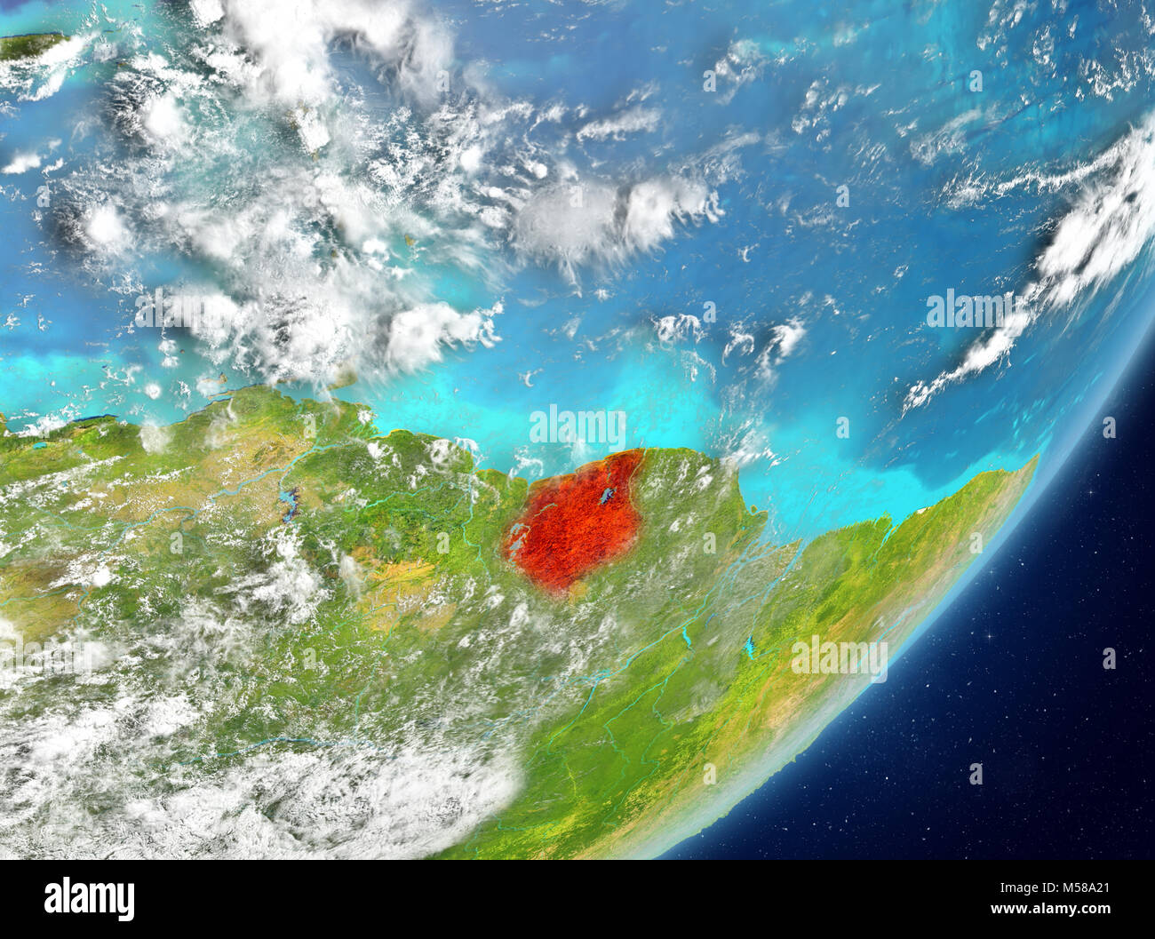 Satellite view of Suriname highlighted in red on planet Earth with ...