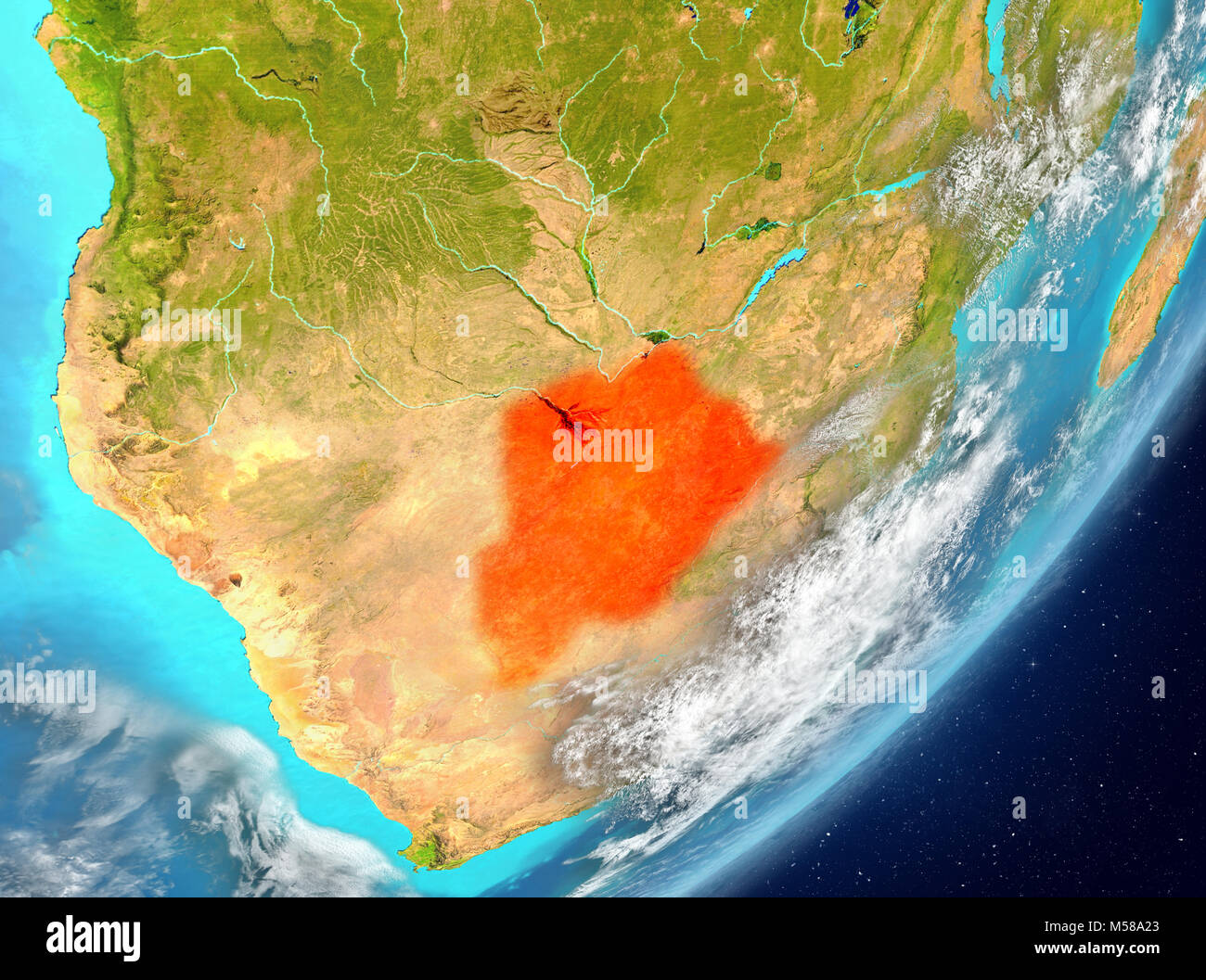 Satellite view of Botswana highlighted in red on planet Earth with clouds. 3D illustration ...