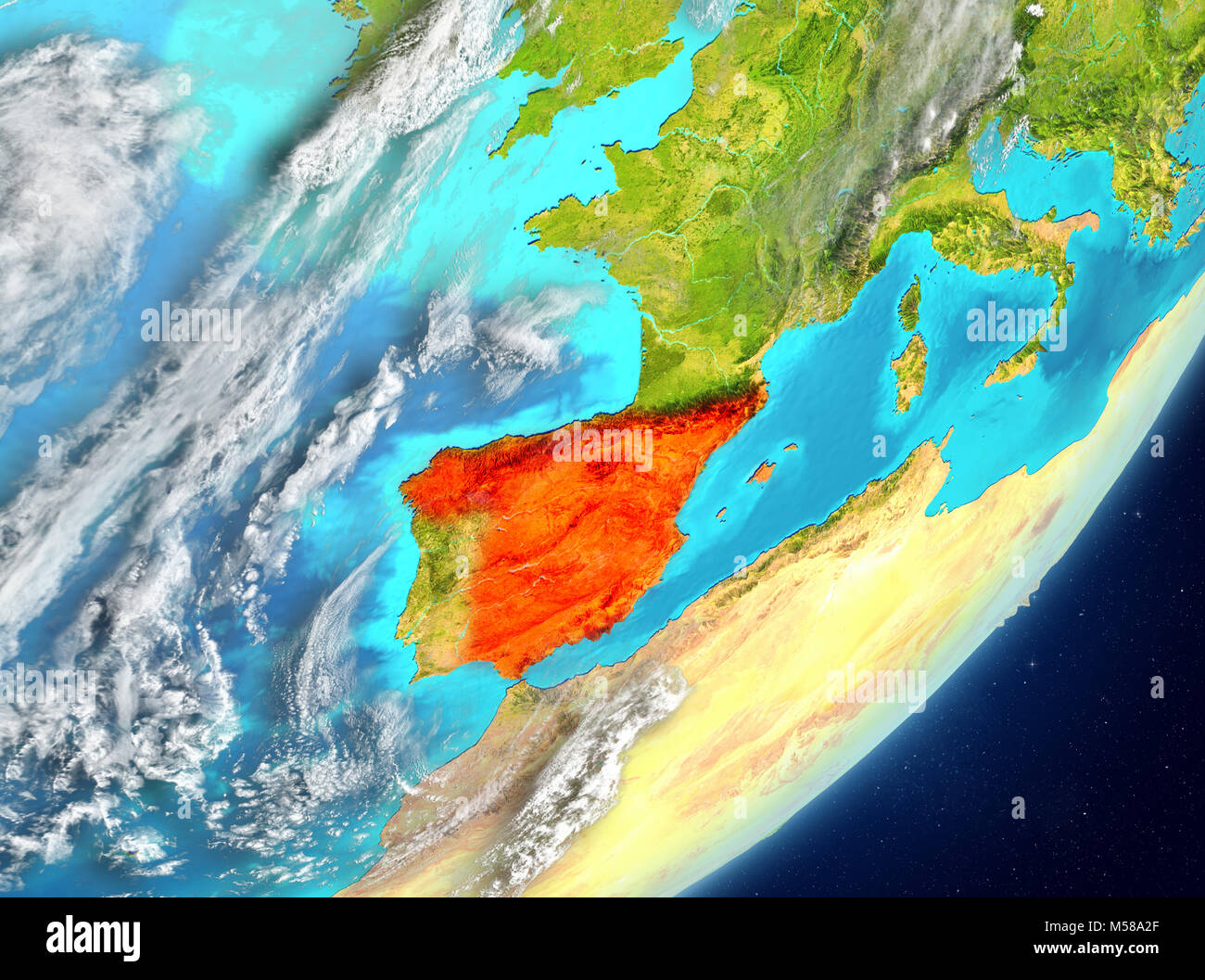 Satellite view of Spain highlighted in red on planet Earth with clouds ...