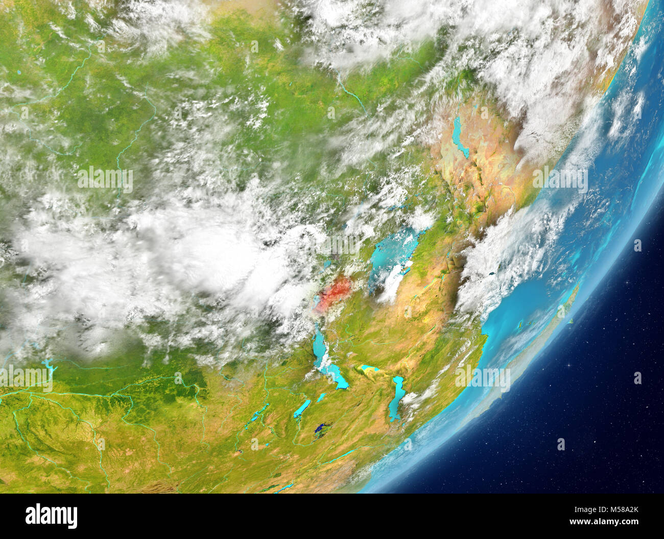 Satellite view of Rwanda highlighted in red on planet Earth with clouds ...