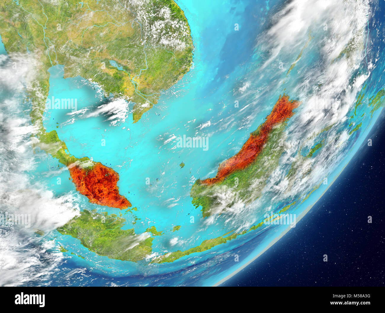 Satellite view of Malaysia highlighted in red on planet Earth with ...