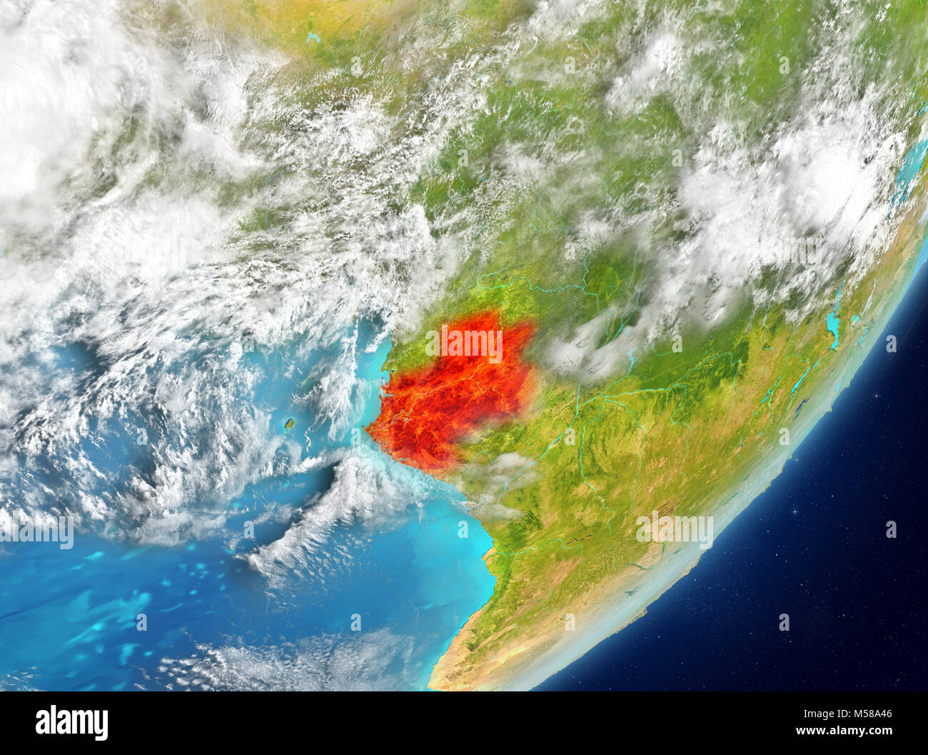Satellite view of Gabon highlighted in red on planet Earth with clouds ...