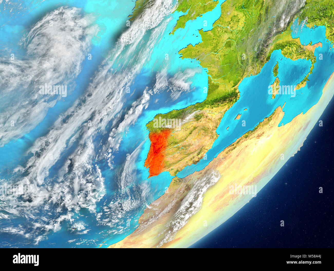 Satellite view of Portugal highlighted in red on planet Earth with ...
