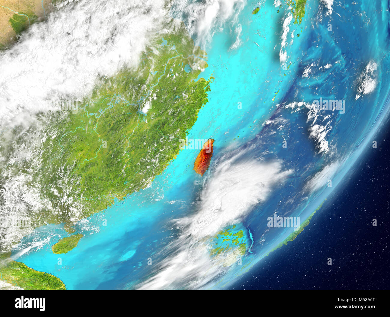Satellite view of Taiwan highlighted in red on planet Earth with clouds ...