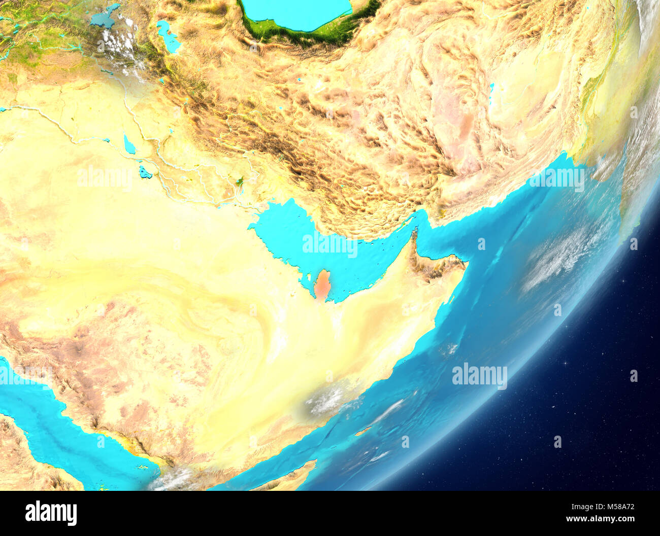 Satellite view of Qatar highlighted in red on planet Earth with clouds ...