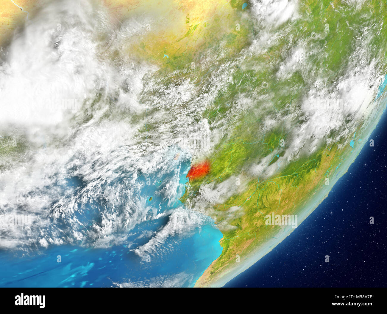 Satellite view of Equatorial Guinea highlighted in red on planet Earth ...