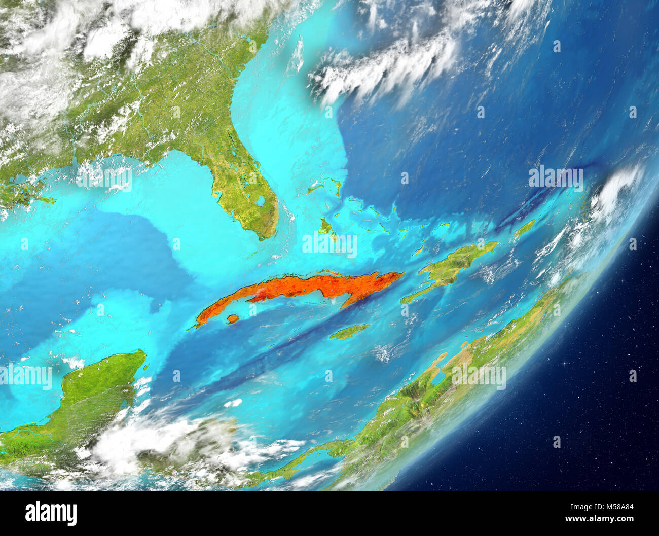 Satellite view of Cuba highlighted in red on planet Earth with clouds ...