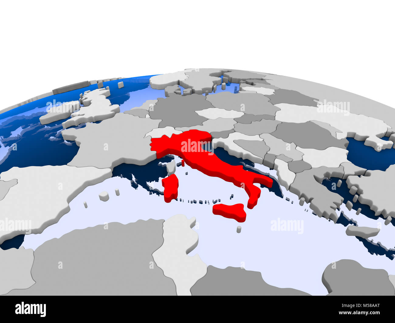 Italy highlighted in red on political globe with transparent oceans. 3D ...