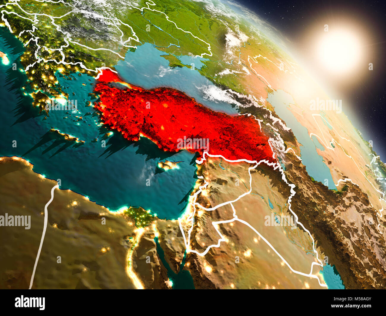 Sunset above Turkey from space on planet Earth with visible country ...