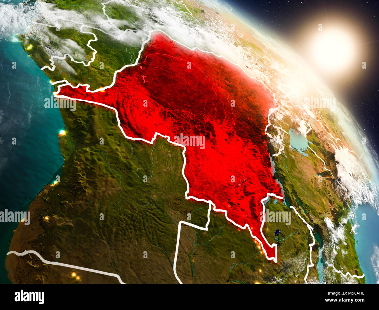 Sunset above Democratic Republic of Congo from space on planet Earth ...