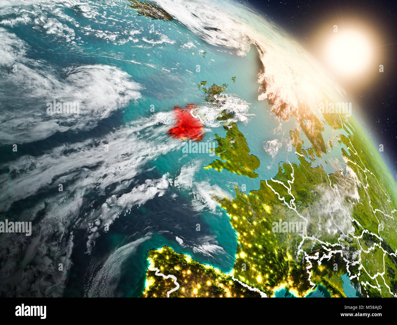 Sunset above Ireland from space on planet Earth with visible country ...
