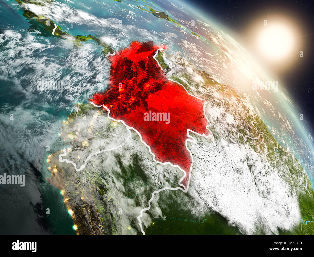 Sunset above Colombia from space on planet Earth with visible country ...