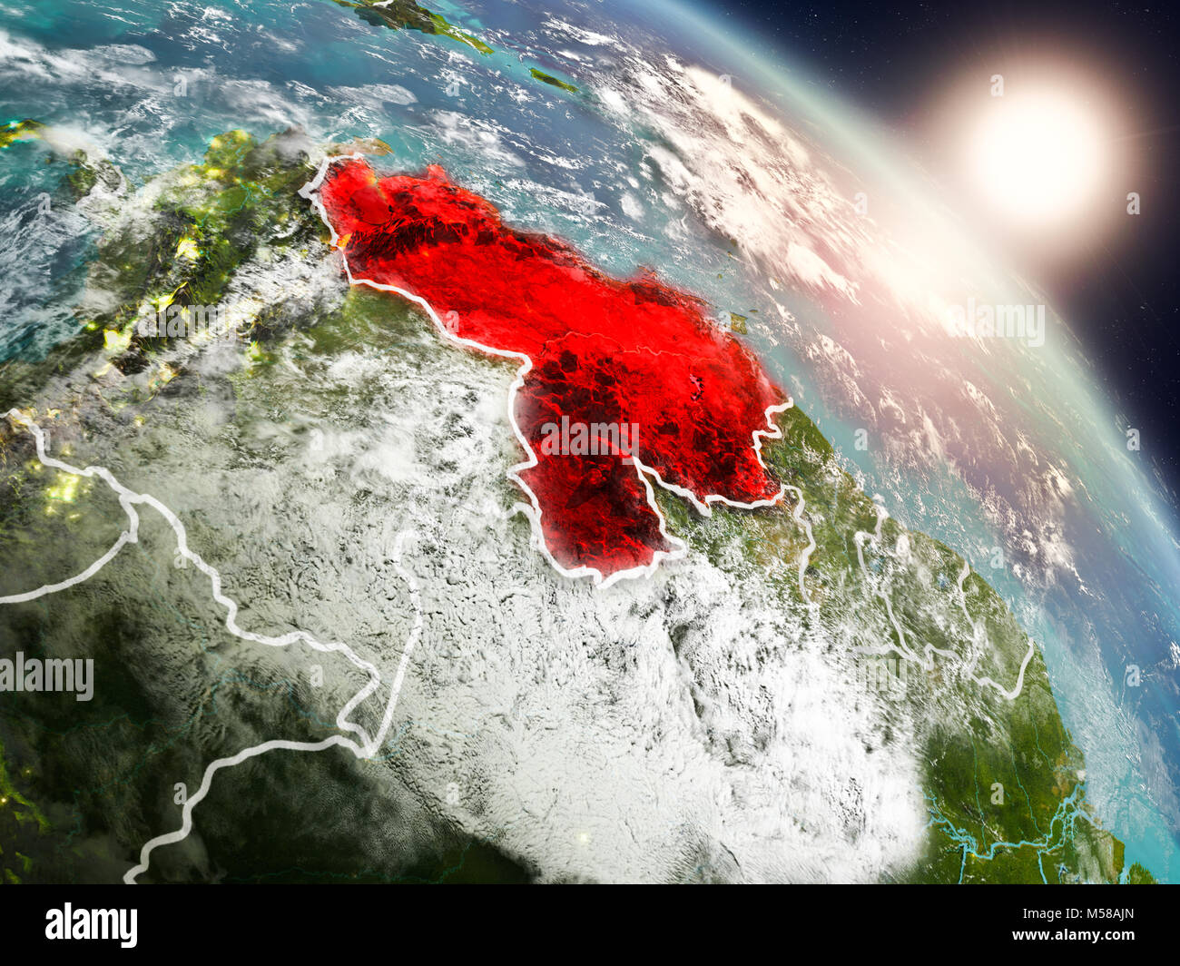 Sunset above Venezuela from space on planet Earth with visible country ...