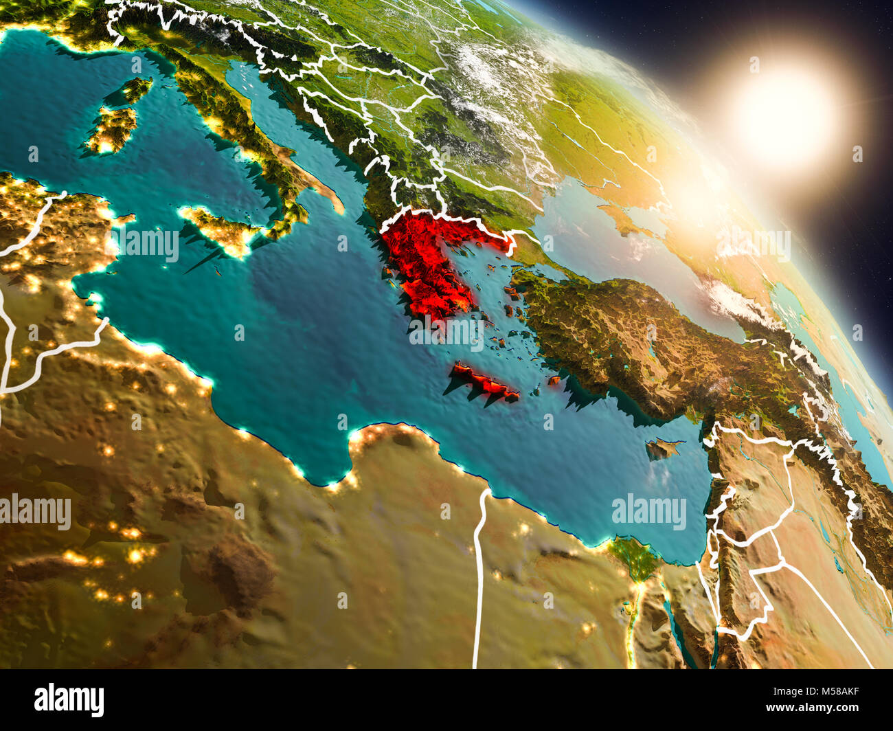 Sunset above Greece from space on planet Earth with visible country ...