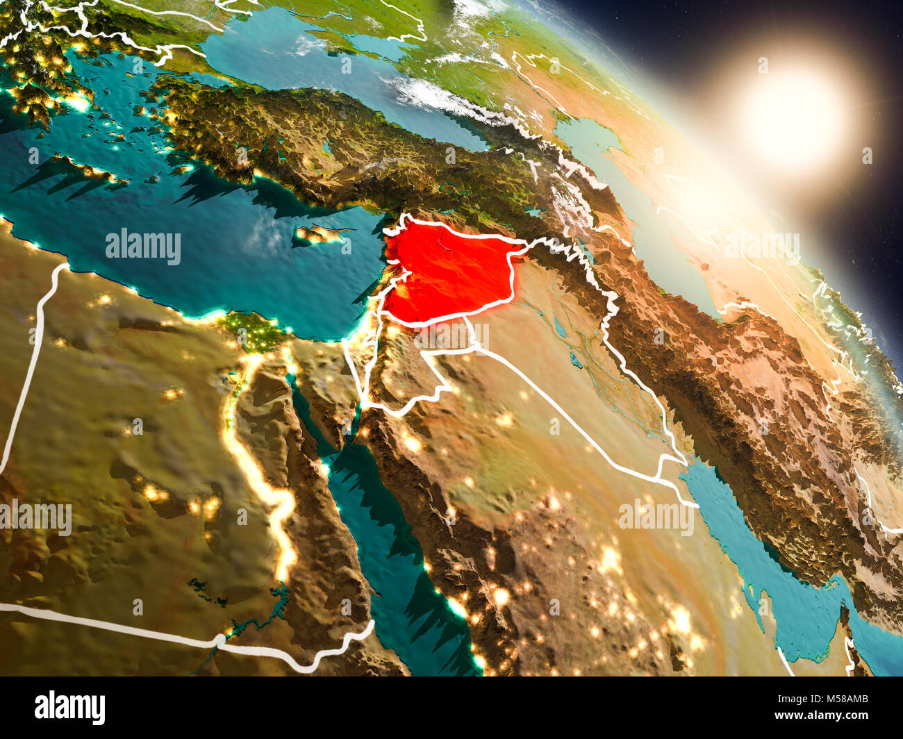 Sunset above Syria from space on planet Earth with visible country ...