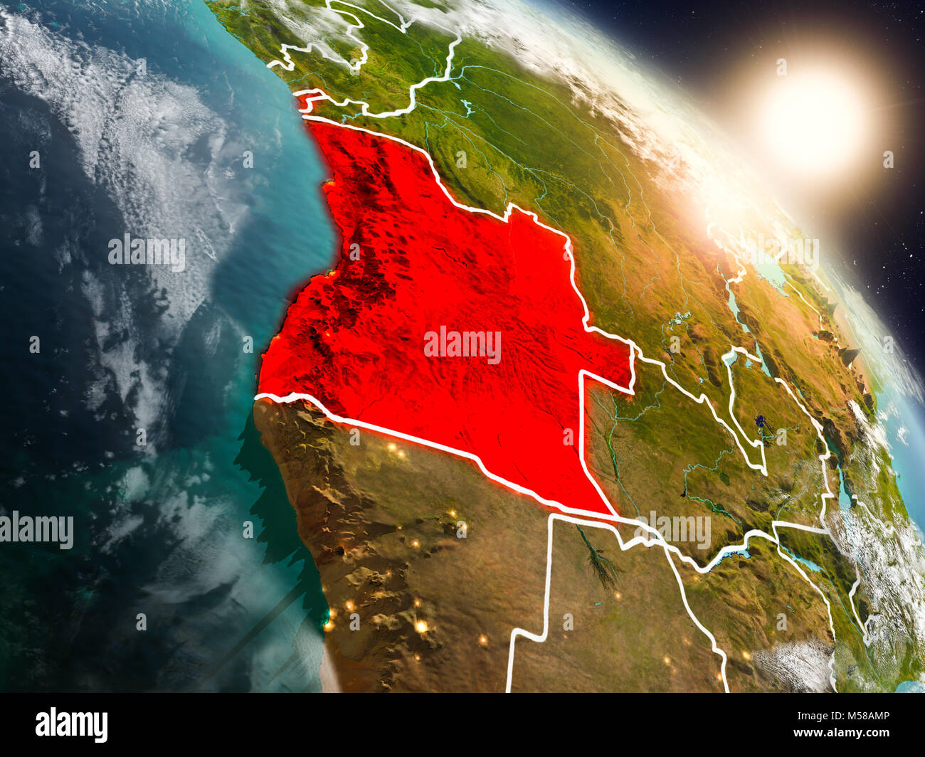 Sunset above Angola from space on planet Earth with visible country ...