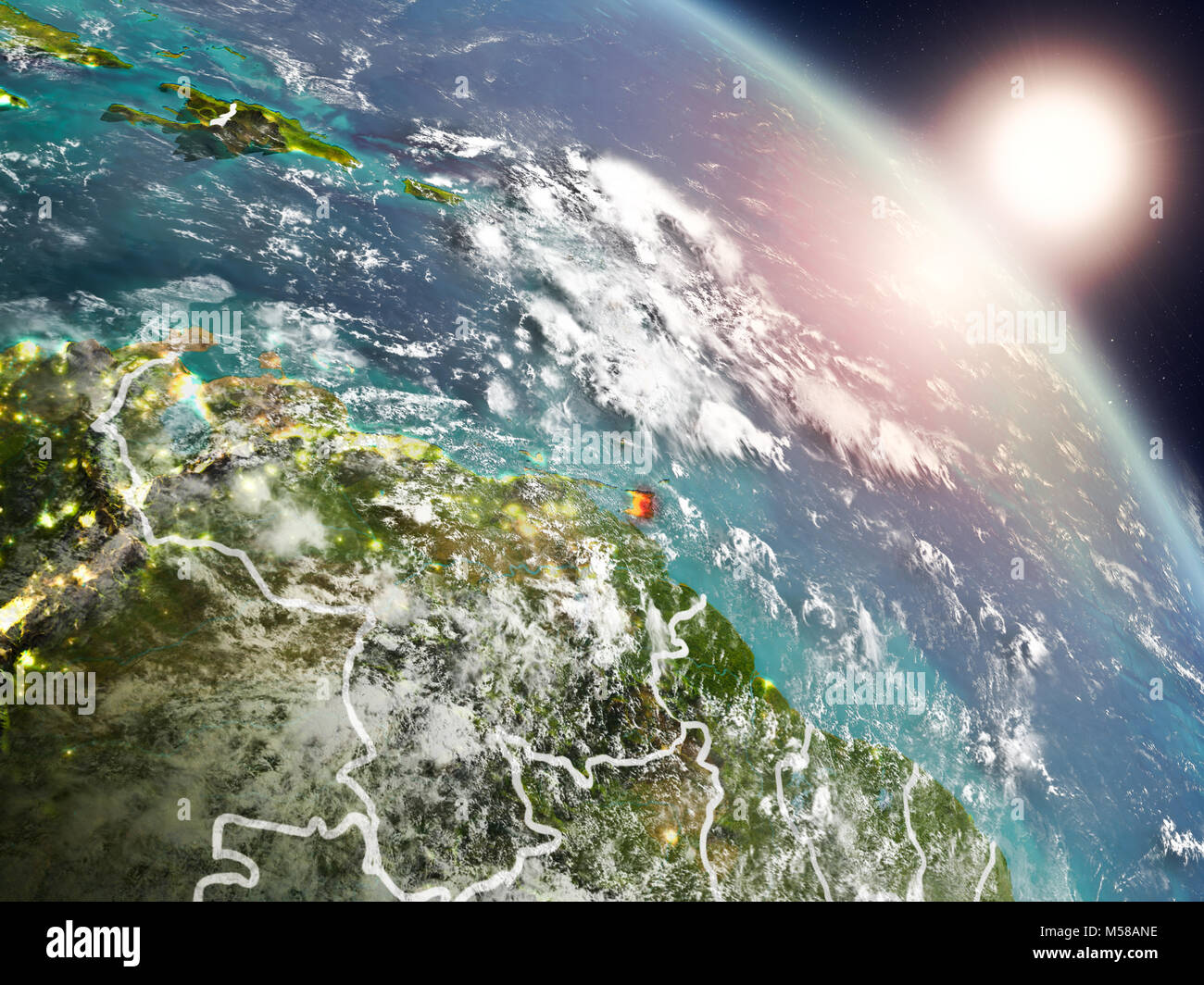Sunset above Caribbean from space on planet Earth with visible country ...