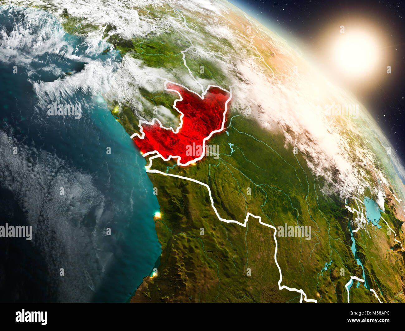 Sunset above Congo from space on planet Earth with visible country ...