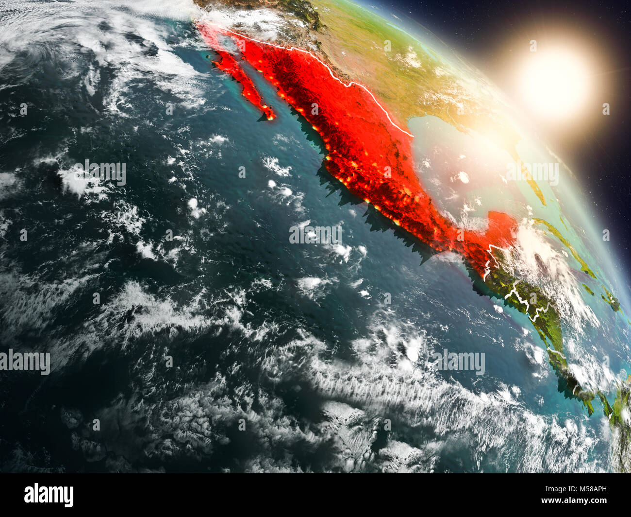 Sunset above Mexico from space on planet Earth with visible country ...