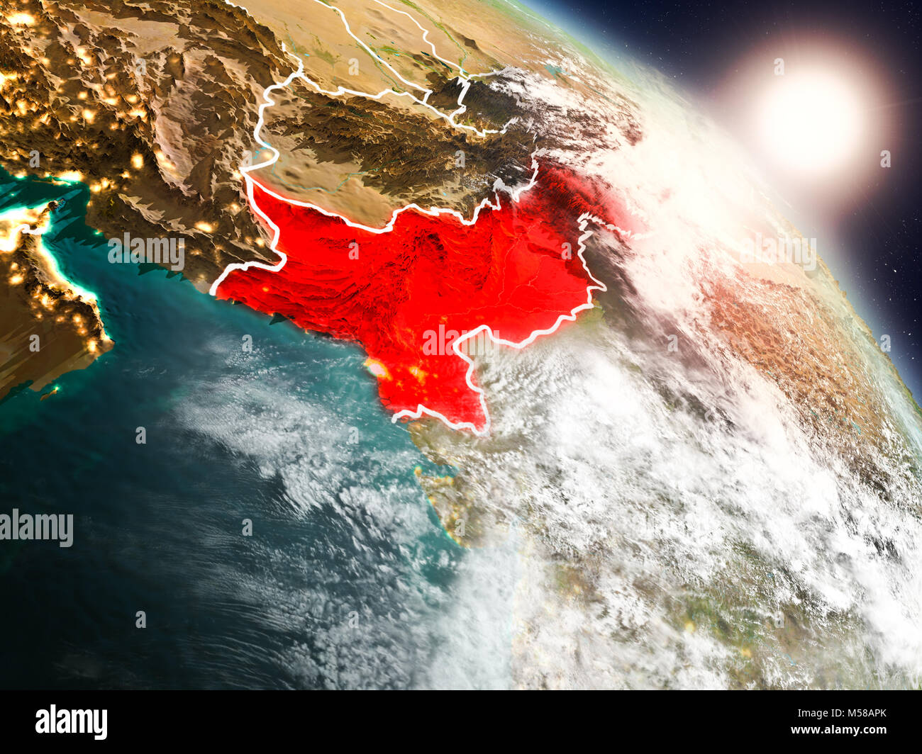 Sunset above Pakistan from space on planet Earth with visible country ...