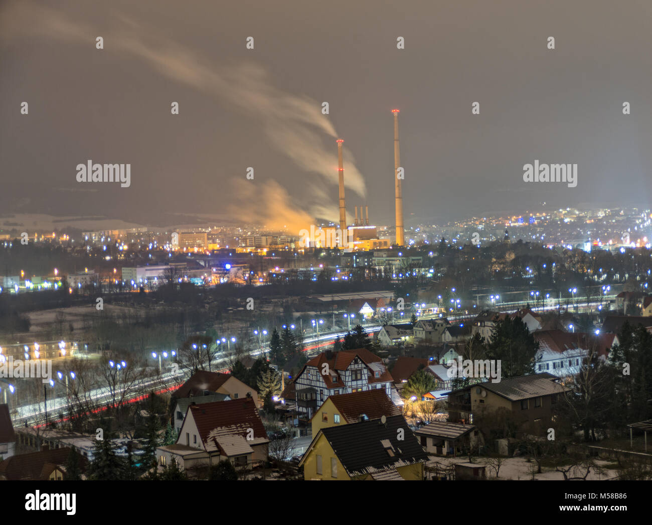 Jena at night overlooking the heating plant from Lobeda Ost Stock Photo ...