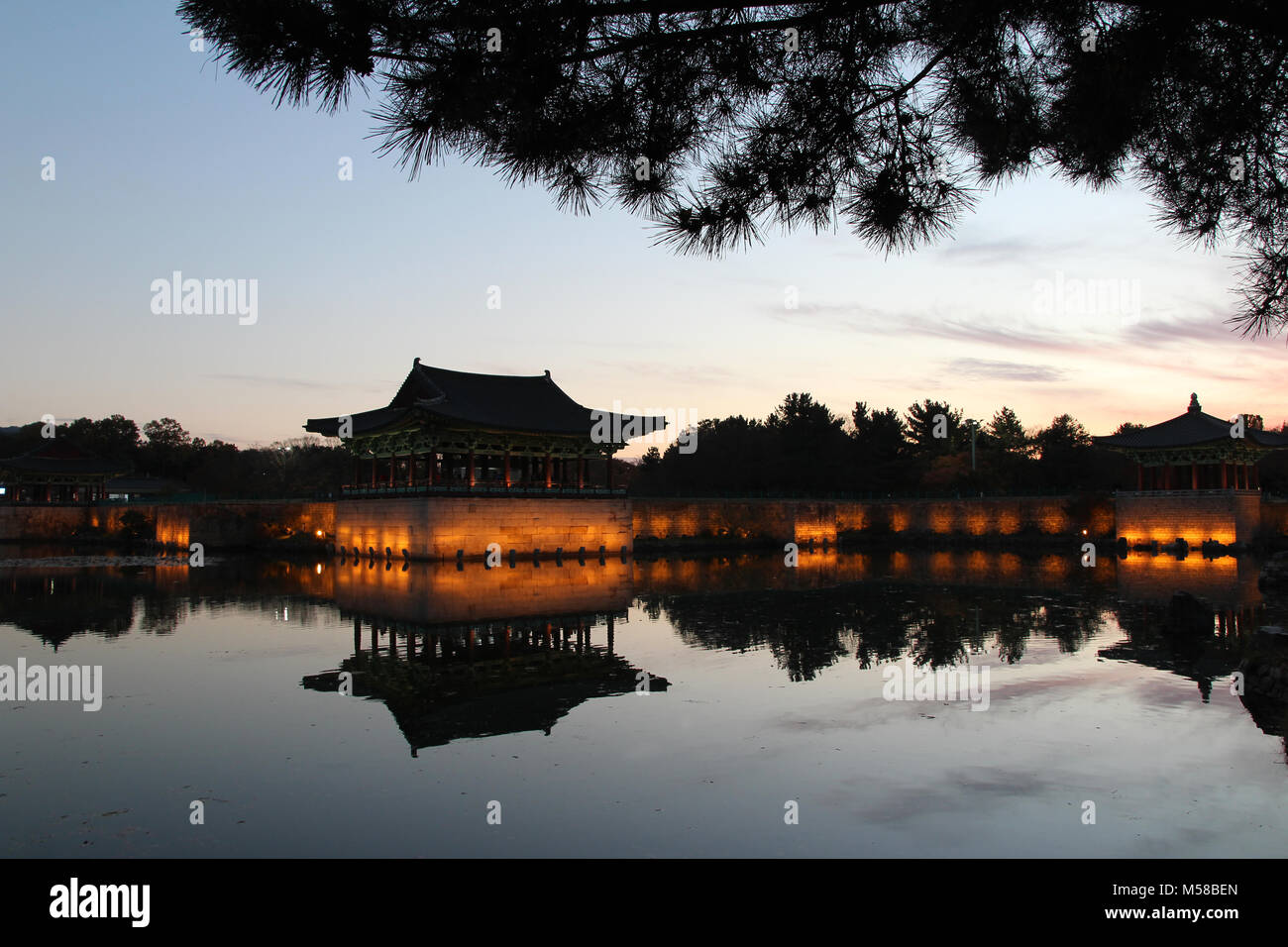 Night view of Donggung Palace and Wolji Pond with the light and ...