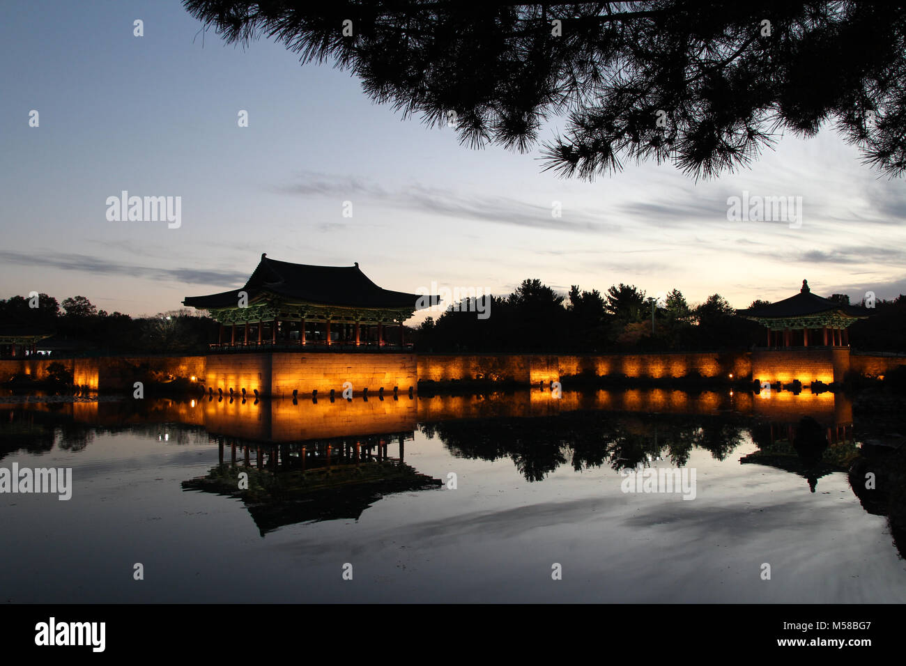 Night view of Donggung Palace and Wolji Pond with the light and ...