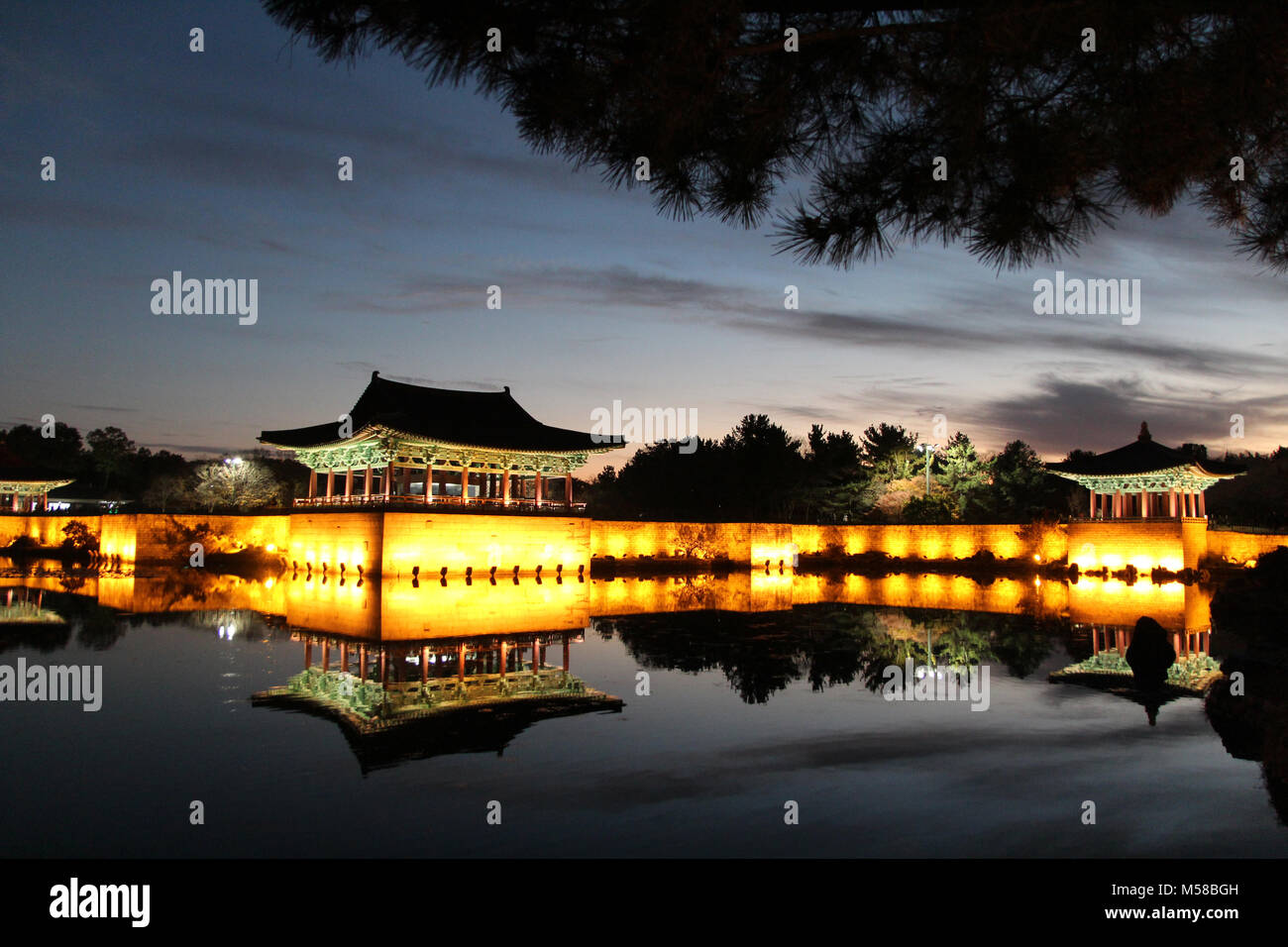 Night view of Donggung Palace and Wolji Pond with the light and ...