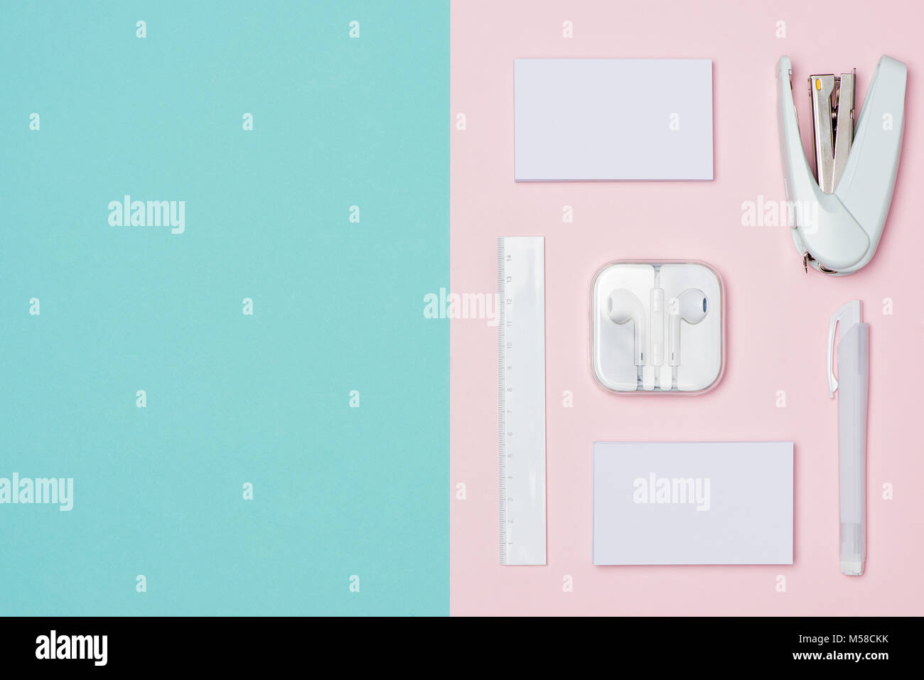 Flat lay, top view of Business cards Mockup on two color background ...